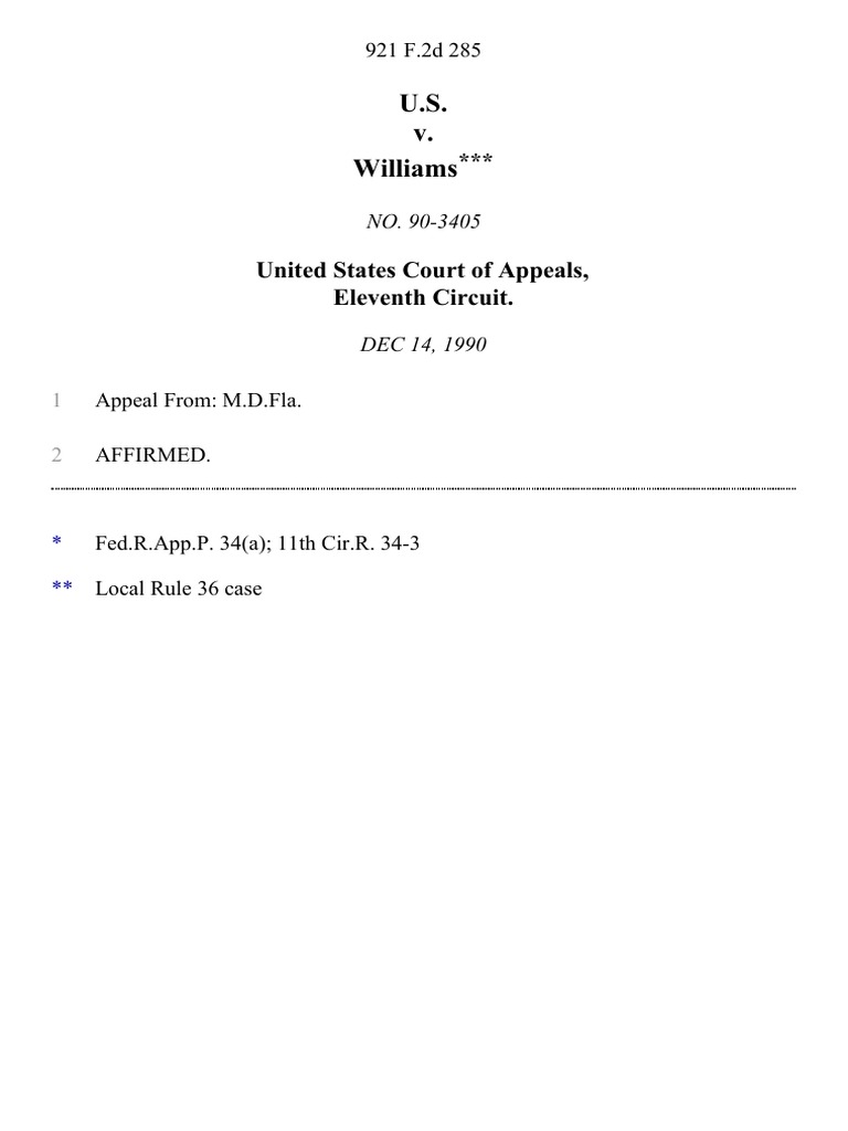 United States v. Williams, 921 F.2d 285, 11th Cir. (1990) | PDF | Law