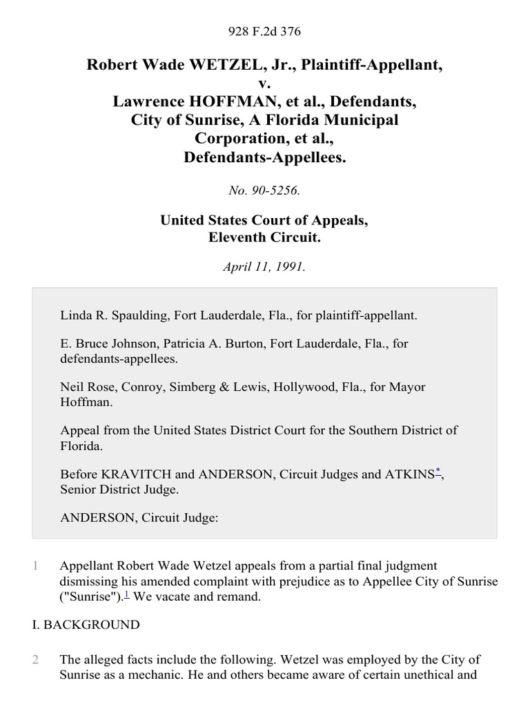 Robert Wade Wetzel, Jr. v. Lawrence Hoffman, City of Sunrise, A Florida ...