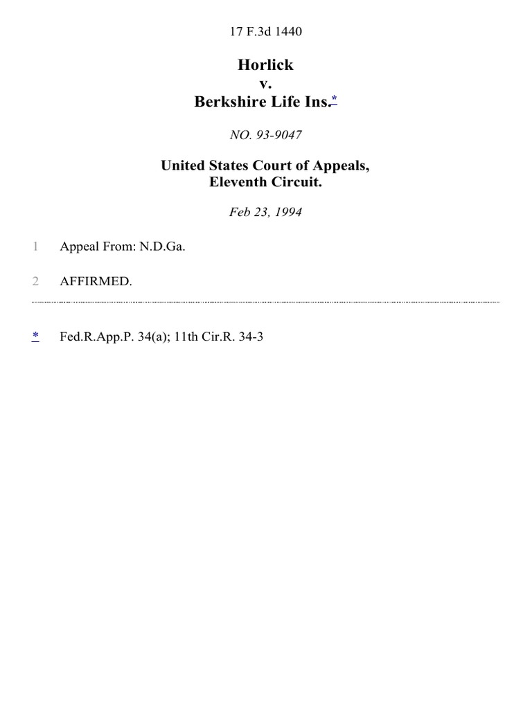 Horlick v. Berkshire Life Ins., 17 F.3d 1440, 11th Cir. (1994) | PDF | Law