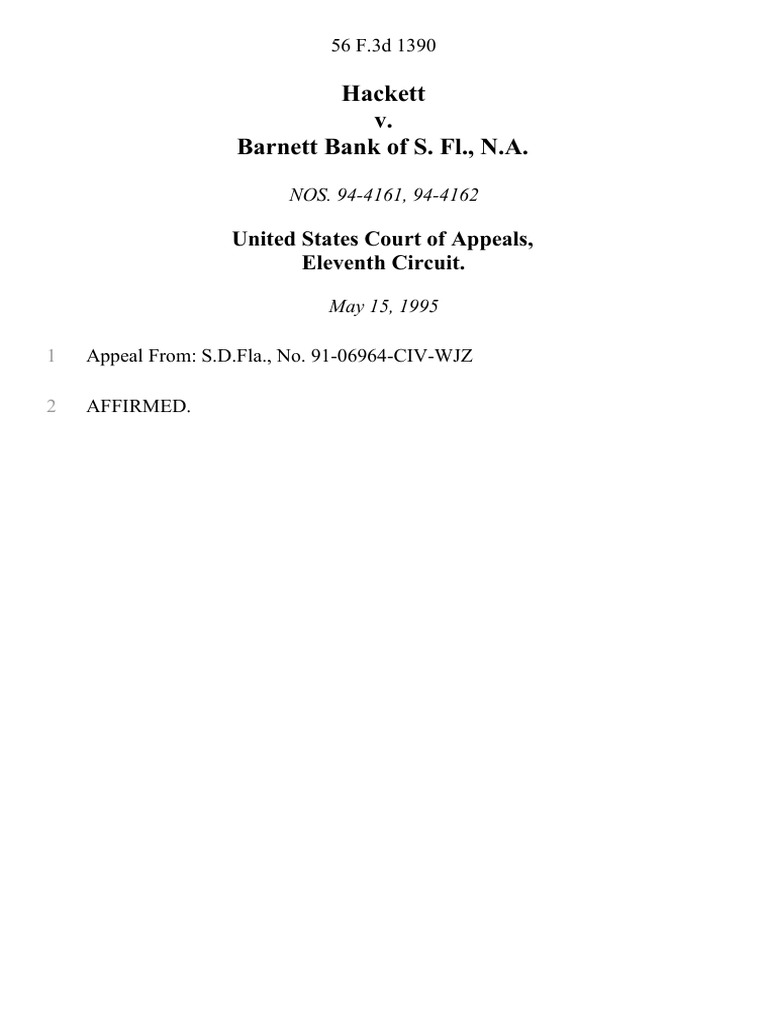 Hackett v. Barnett Bank of S. FL., N.A, 56 F.3d 1390, 11th Cir. (1995 ...