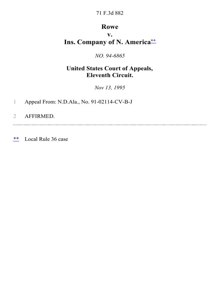 Rowe v. Ins. Company of N. America, 71 F.3d 882, 11th Cir. (1995) | PDF