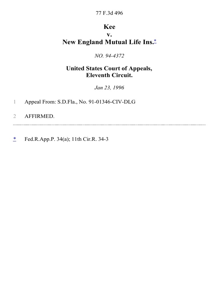 Kee v. New England Mutual Life Ins., 77 F.3d 496, 11th Cir. (1996) | PDF