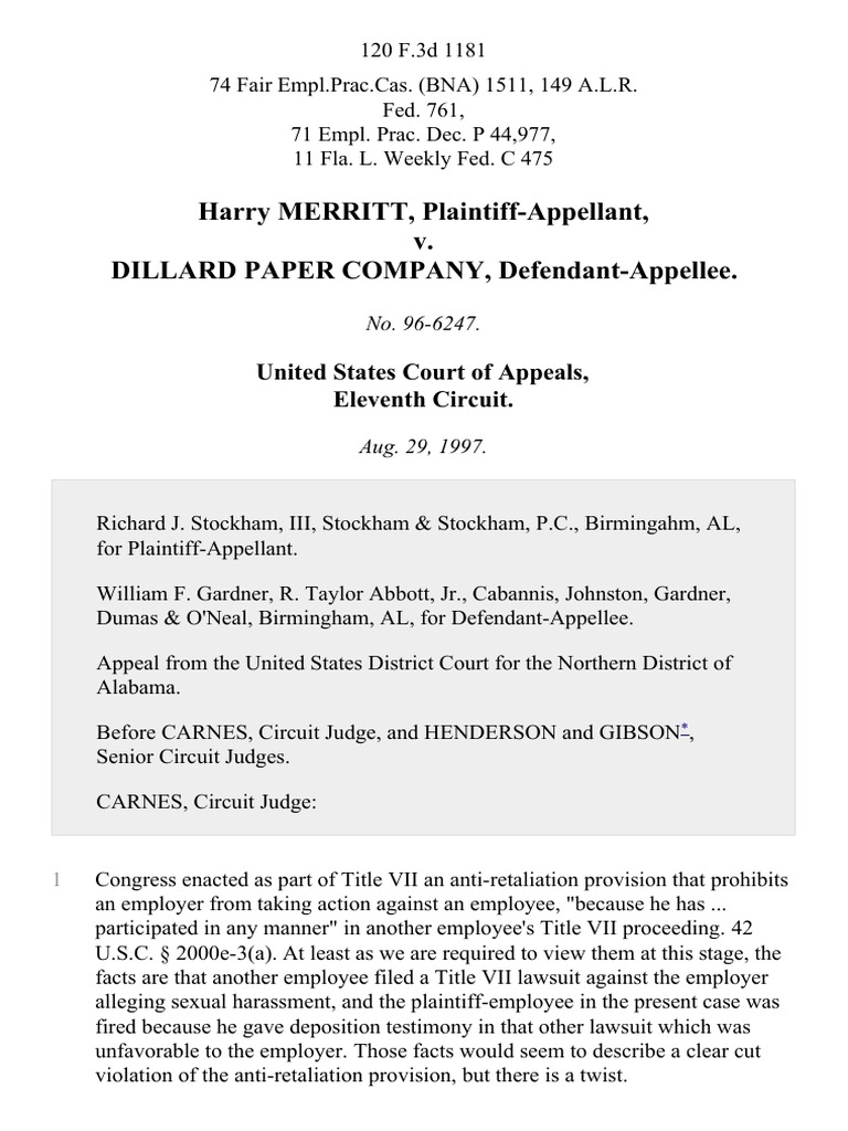 Merritt v. Dillard Paper Company, 120 F.3d 1181, 11th Cir. (1997) | PDF ...