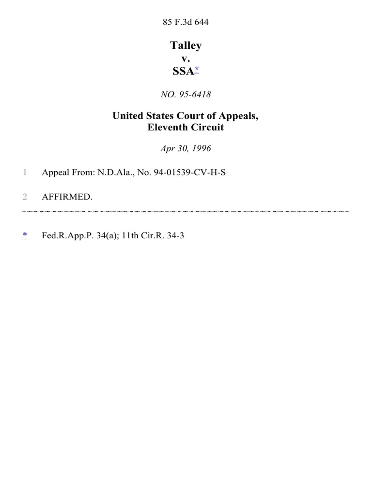Talley v. SSA Case Summary 1996 | PDF