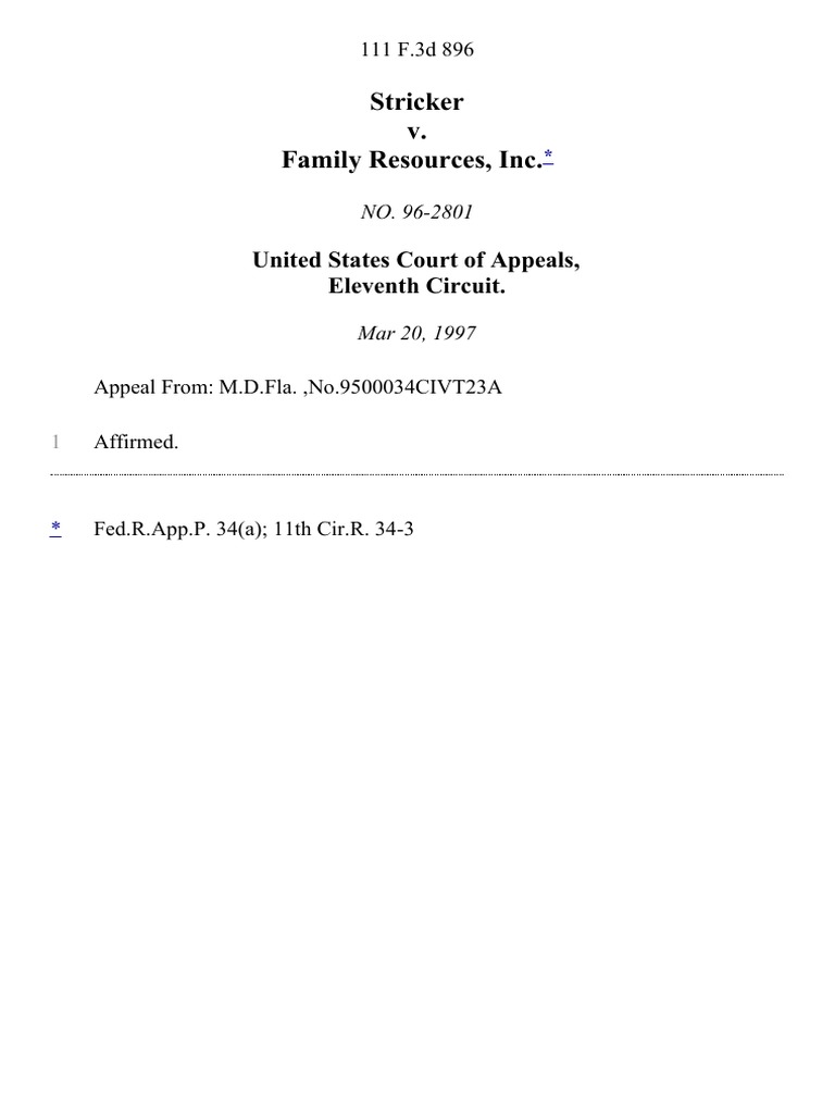 Stricker v. Family Resources, Inc., 111 F.3d 896, 11th Cir. (1997) | PDF