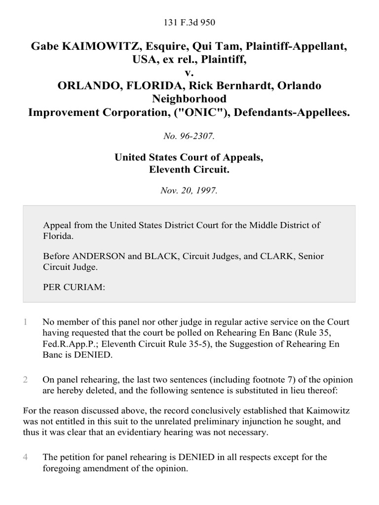 Gabe Kaimowitz, Esquire, Qui Tam, Usa, Ex Rel. v. Orlando, Florida ...