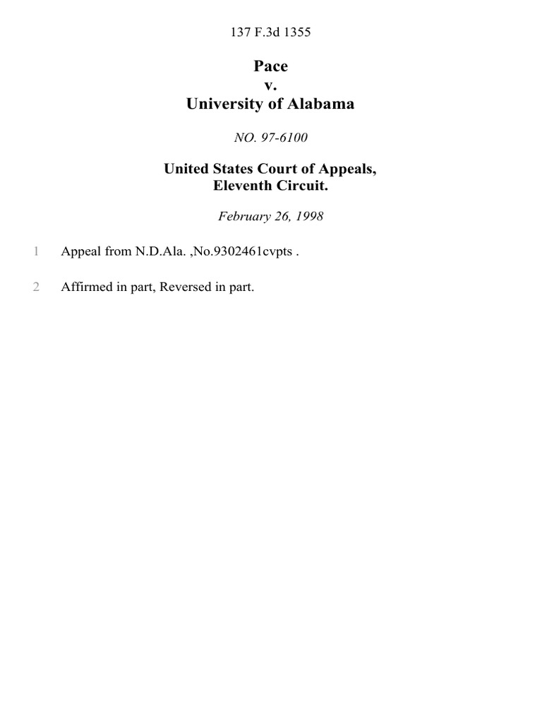 Pace v. University of Alabama, 137 F.3d 1355, 11th Cir. (1998) | PDF