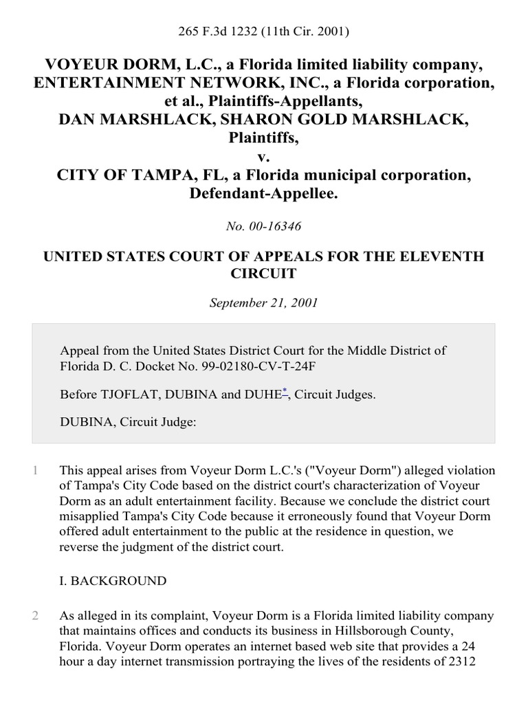 Voyeur Dorm, L.C. v. City of Tampa, FL, 265 F.3d 1232, 11th Cir. (2001) | PDF | Standard Of ...