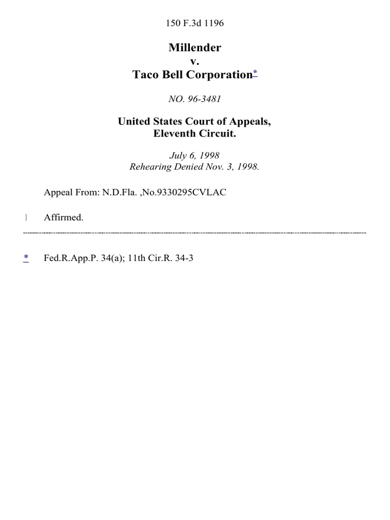 Millender v. Taco Bell Corporation, 150 F.3d 1196, 11th Cir. (1998) | PDF