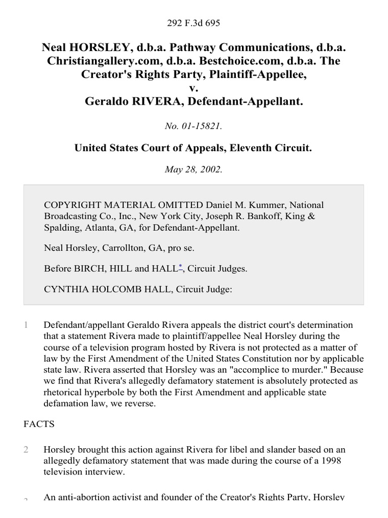Neal Horsley v. Geraldo Rivera, 292 F.3d 695, 11th Cir. (2002) | PDF ...