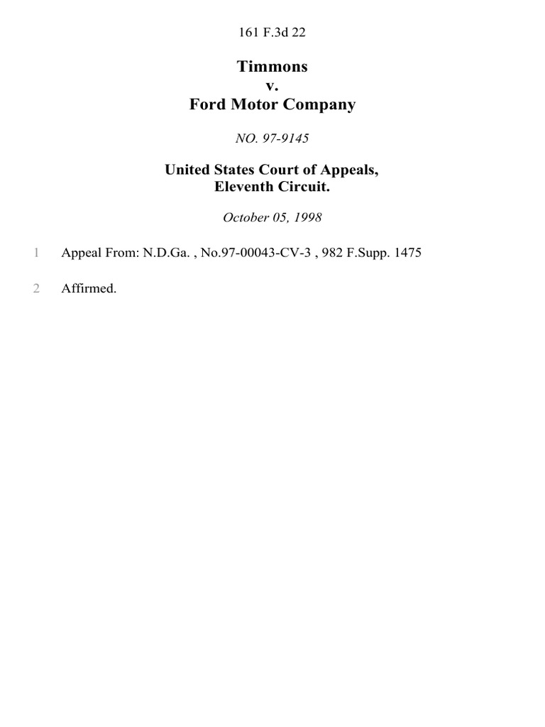 Timmons v. Ford Motor Company, 161 F.3d 22, 11th Cir. (1998) | PDF ...
