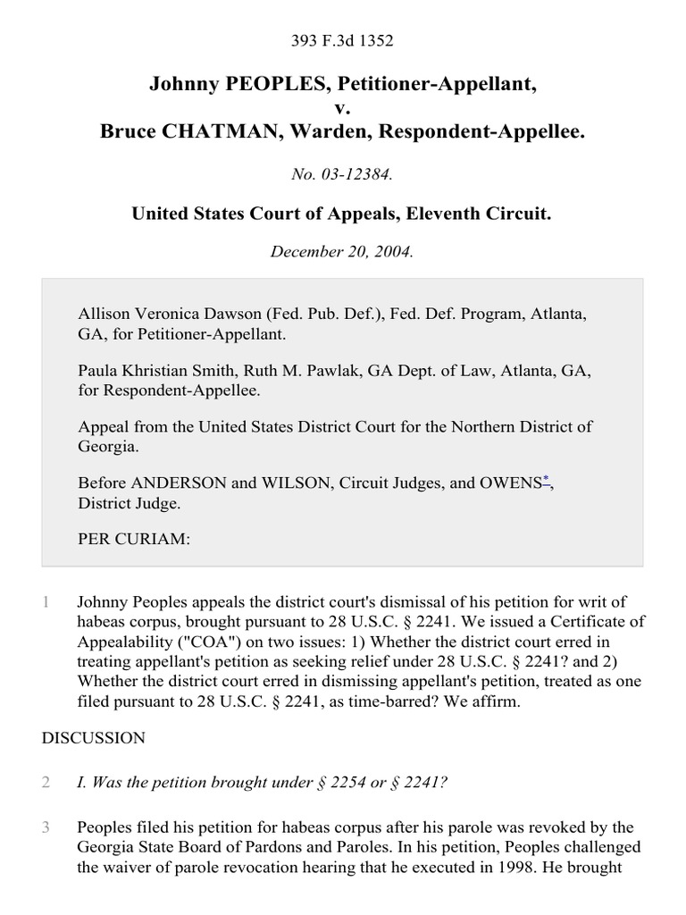 Johnny Peoples v. Bruce Chatman, 393 F.3d 1352, 11th Cir. (2004) | PDF ...