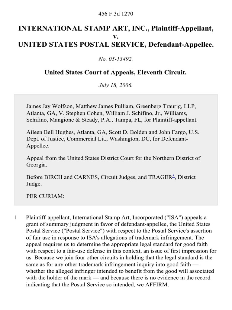 Intern'l Stamp Art v. U.S. Postal Service, 456 F.3d 1270, 11th Cir ...