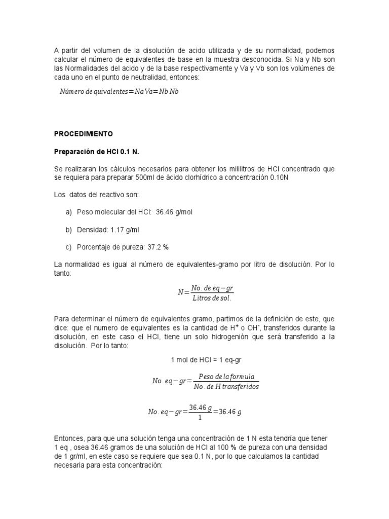 Calculo de La Normalidad en La Valoración | PDF | Ácido clorhídrico ...