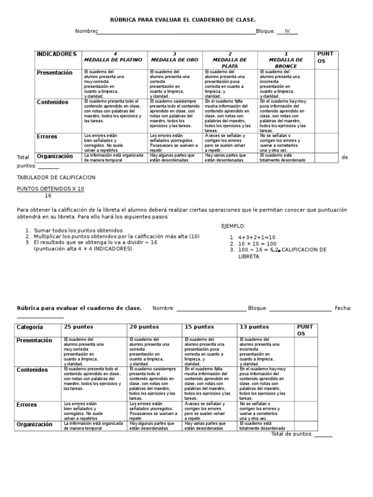 Rúbrica Para Evaluar Cuaderno de Clase | Cuaderno | Prueba gratuita de ...