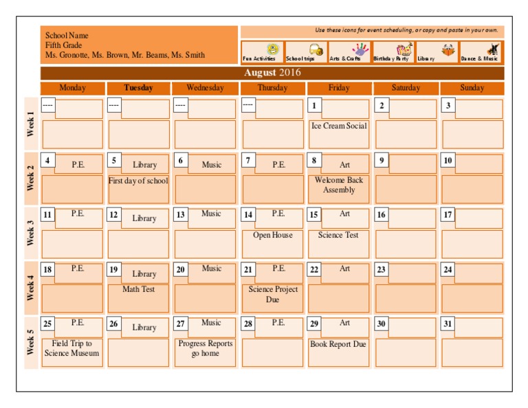 Fifth Grade August 2016 Calendar | PDF | Social Science | Art