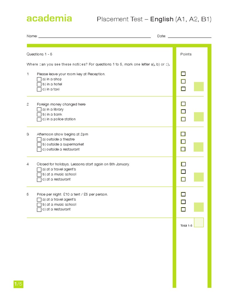 Placement Test English A1 - B1 PDF | PDF | Unidentified Flying Object