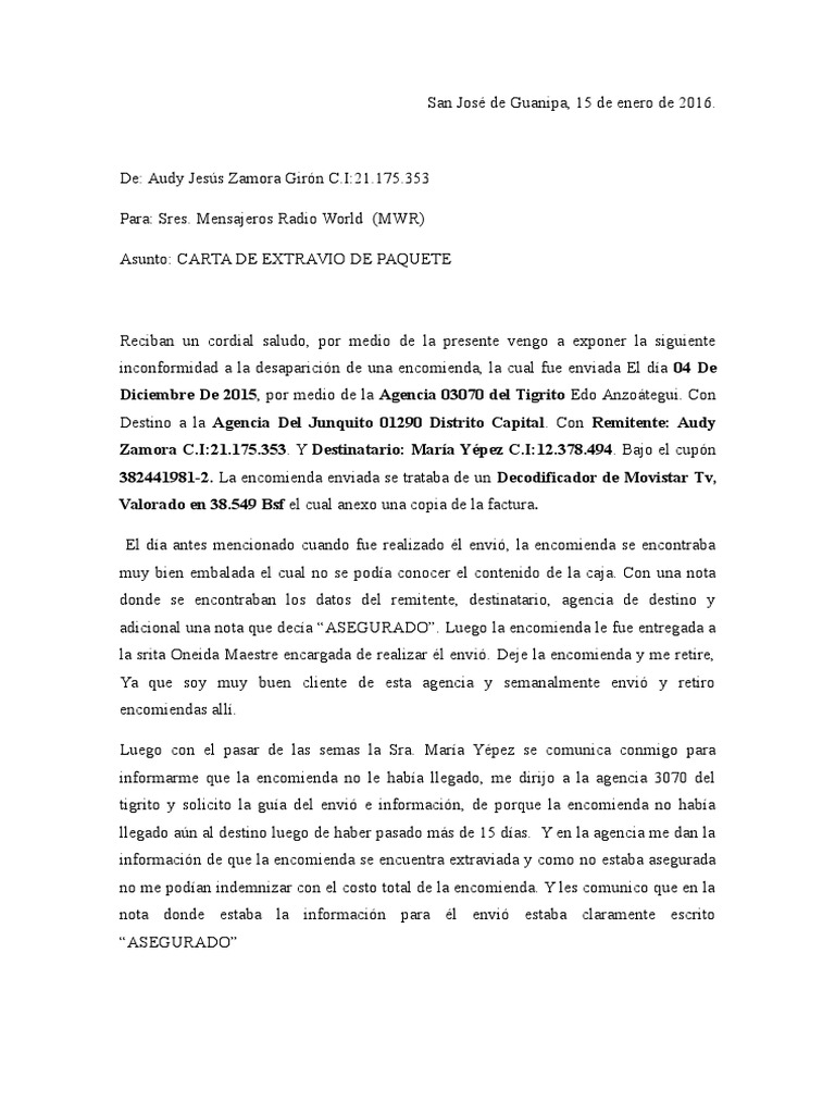 Carta MRW EXTRAVIÓ DE ENCOMIENDA | PDF