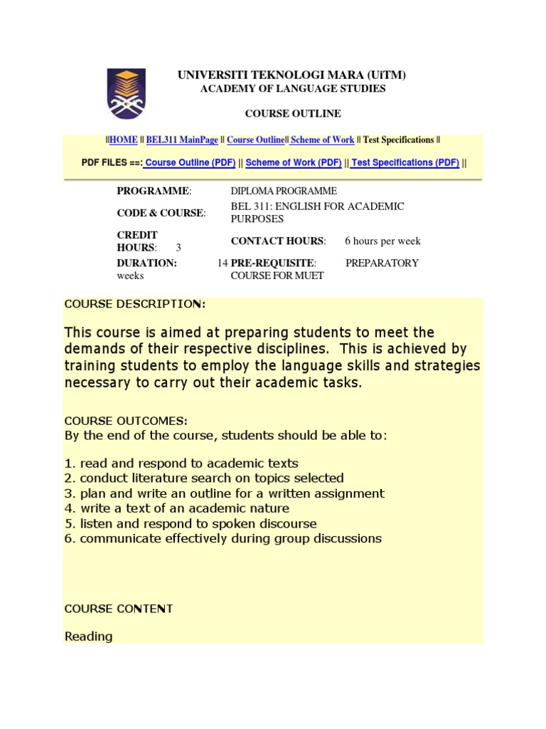 Universiti Teknologi Mara (Uitm) : Academy of Language Studies Course ...