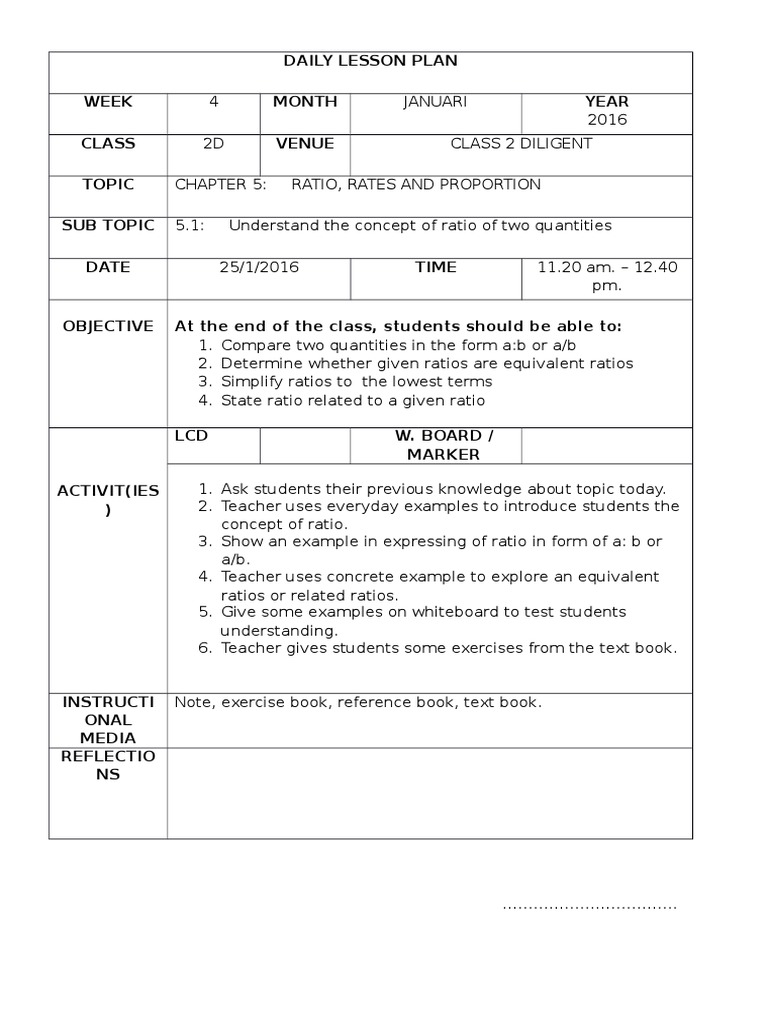 LESSON PLAN: Topic 5 Ratio Rate Propotion | PDF | Ratio | Lesson Plan