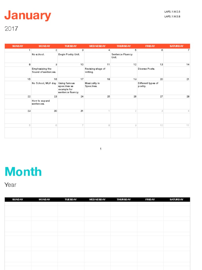 January: Sunday Monday Tuesday Wednesday Thursday Friday Saturday | PDF