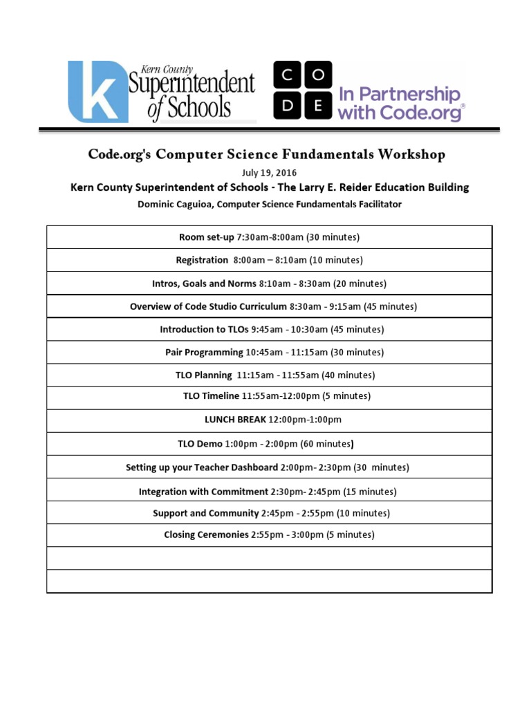 Code.org CS Fundamentals Workshop Agenda | PDF