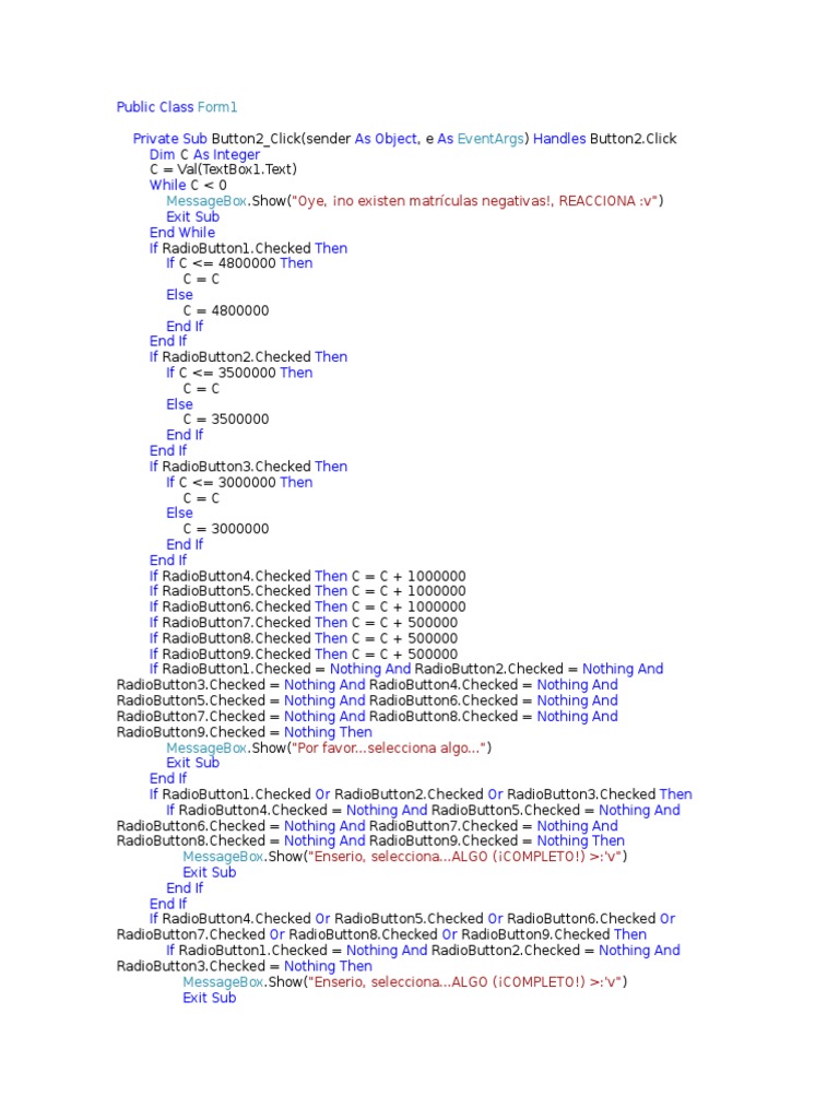 Form1 Eventargs: "Oye, ¡No Existen Matrículas Negativas!, Reacciona:V" | PDF | Visual Basic .Net ...