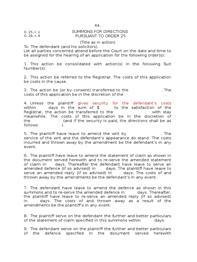 Form 44 Summons For Directions | PDF | Interrogatories | Affidavit