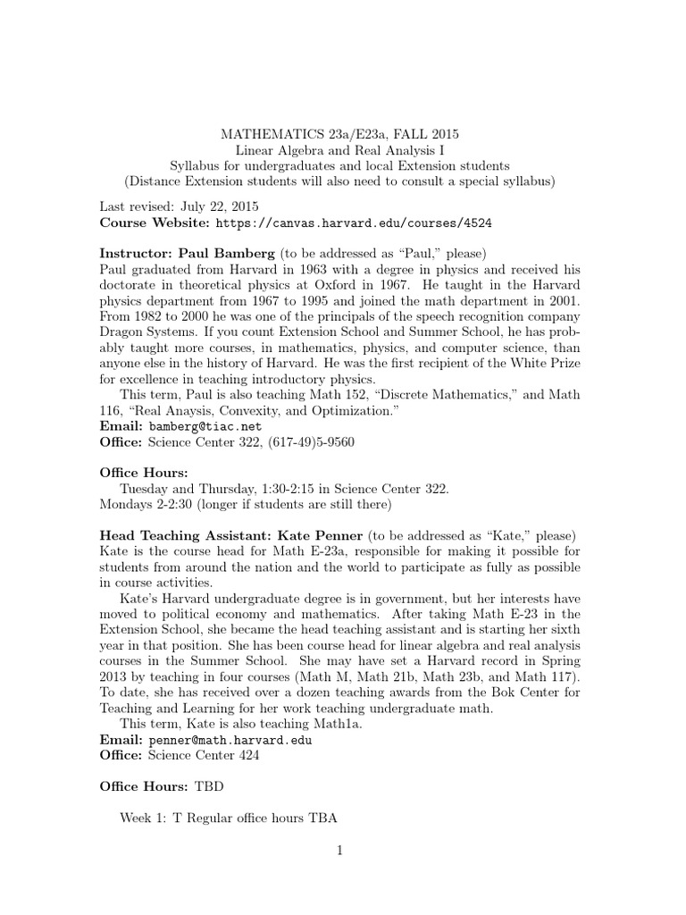 Harvard Math-23a (Notes, Problems, Syllabus) | PDF | Matrix ...