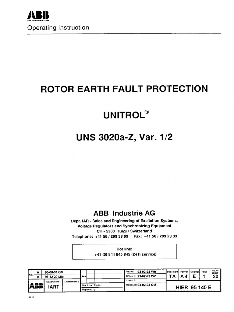 Rotor Earth Fault Relay ABB UNS 3020 | PDF