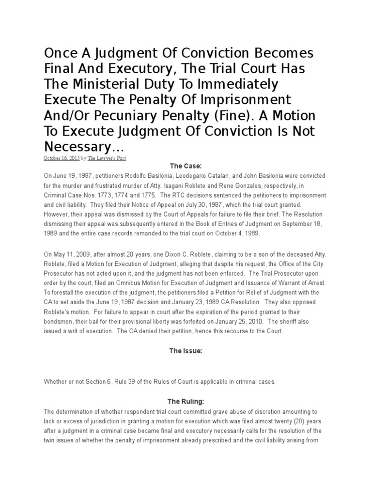 Notes - Motion For Execution Still Necessary To Enforce The Civil ...