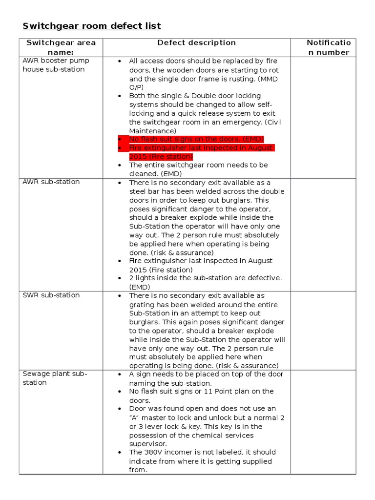 Switchgear Room Defect List | PDF | Electrical Substation | Lock ...