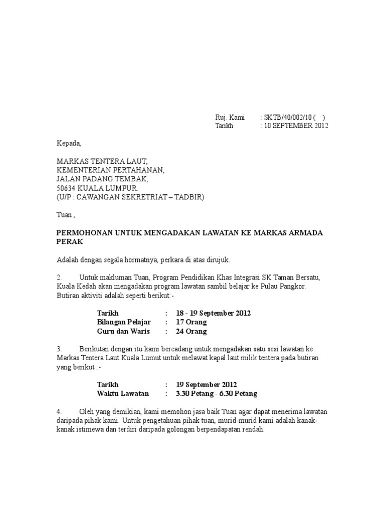 Surat Permohonan Lawatan Ke TLDM | PDF