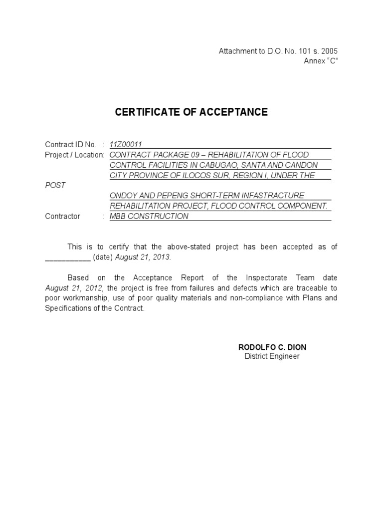 Acceptance Cert. (Repaired) | Engineering | Business