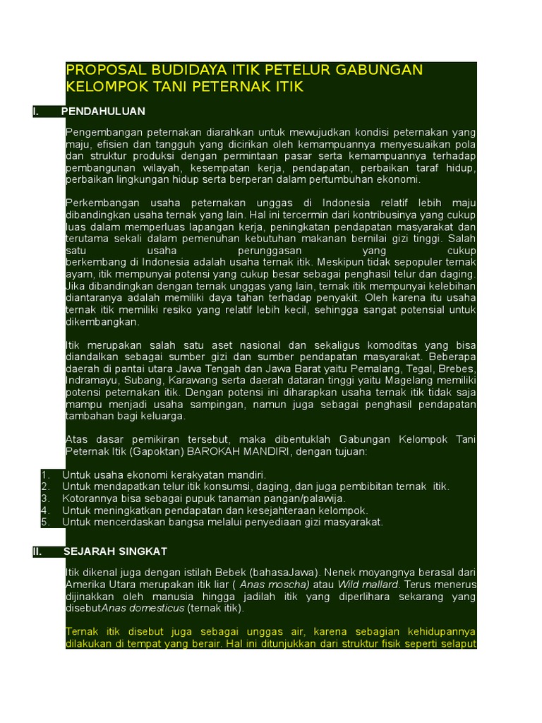 Proposal Budidaya Itik Petelur Gabungan Kelompok Tani Peternak Itik | PDF