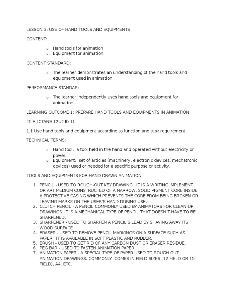 Tools and Equipment For Hand Drawn Animation | PDF | Pencil | Drawing