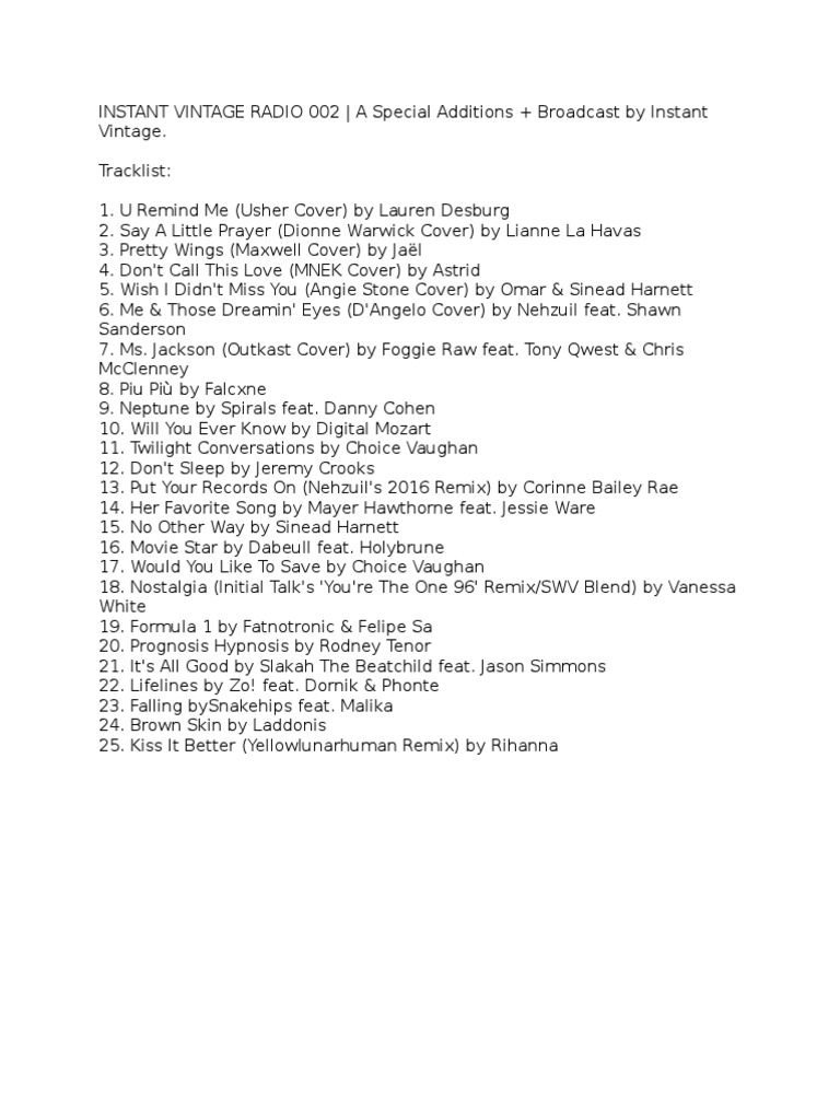 Instant Vintage Radio 002 Tracklist | PDF | Art