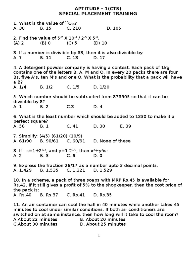 Aptitude - 1 (CTS) Special Placement Training | PDF | Odds | Numbers