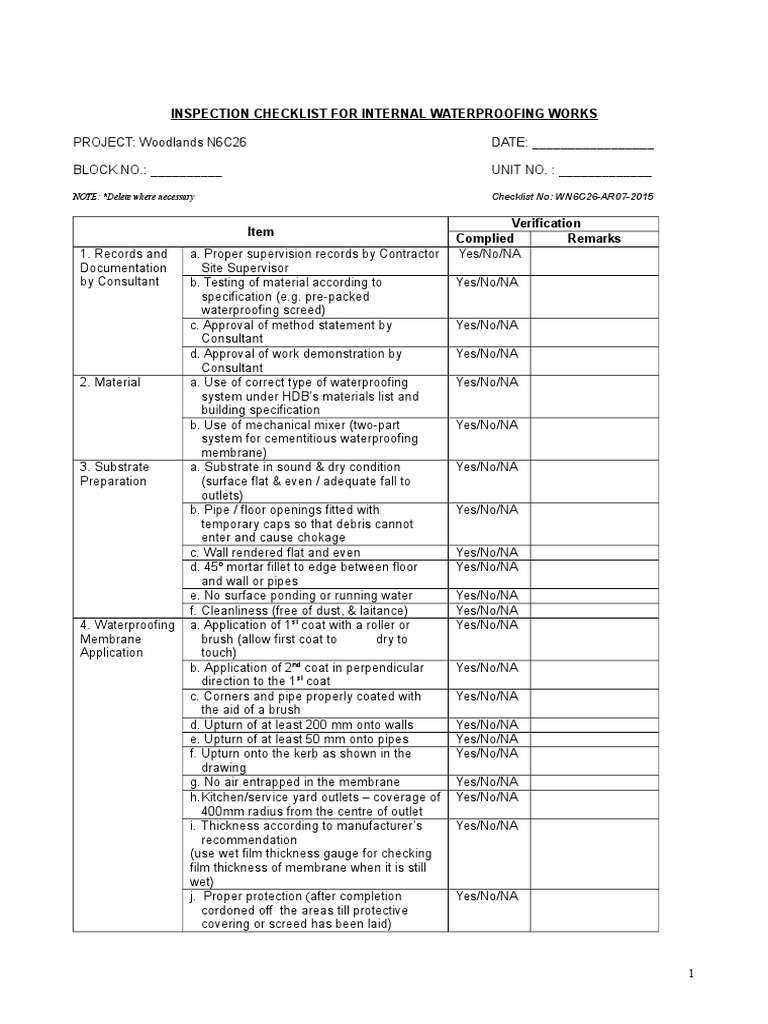 Internal Waterproofing Inspection Checklist | PDF | Economic Sectors ...