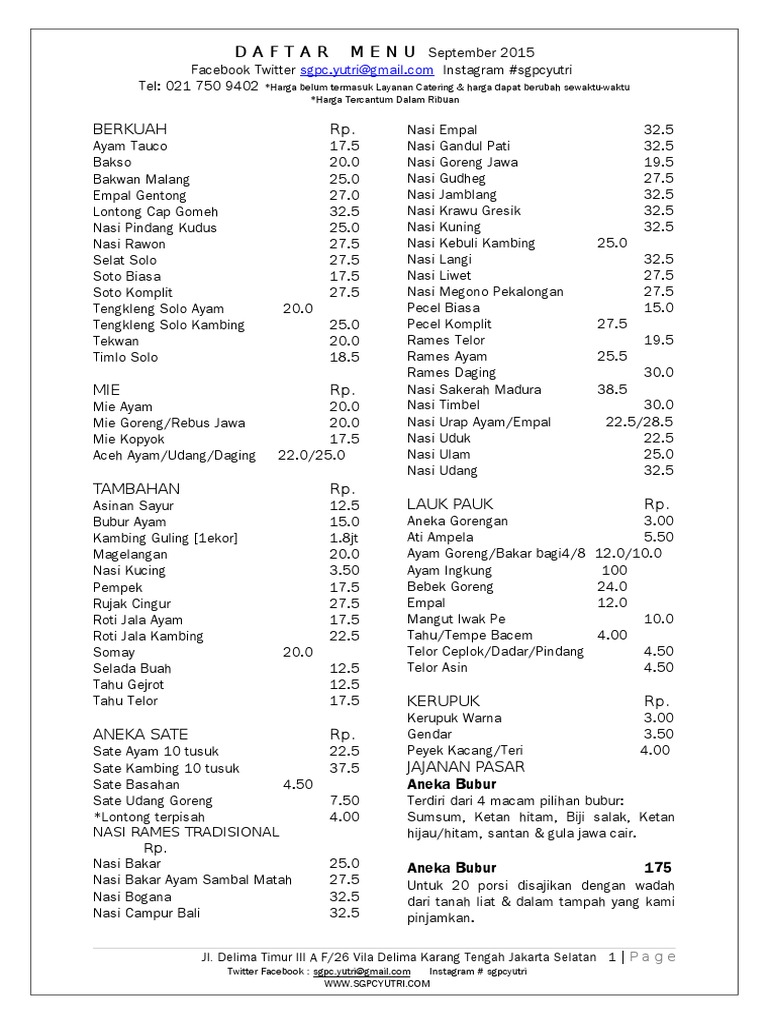 Menu SGPC Yutri 2015 | PDF | Memasak, Makanan, & Anggur