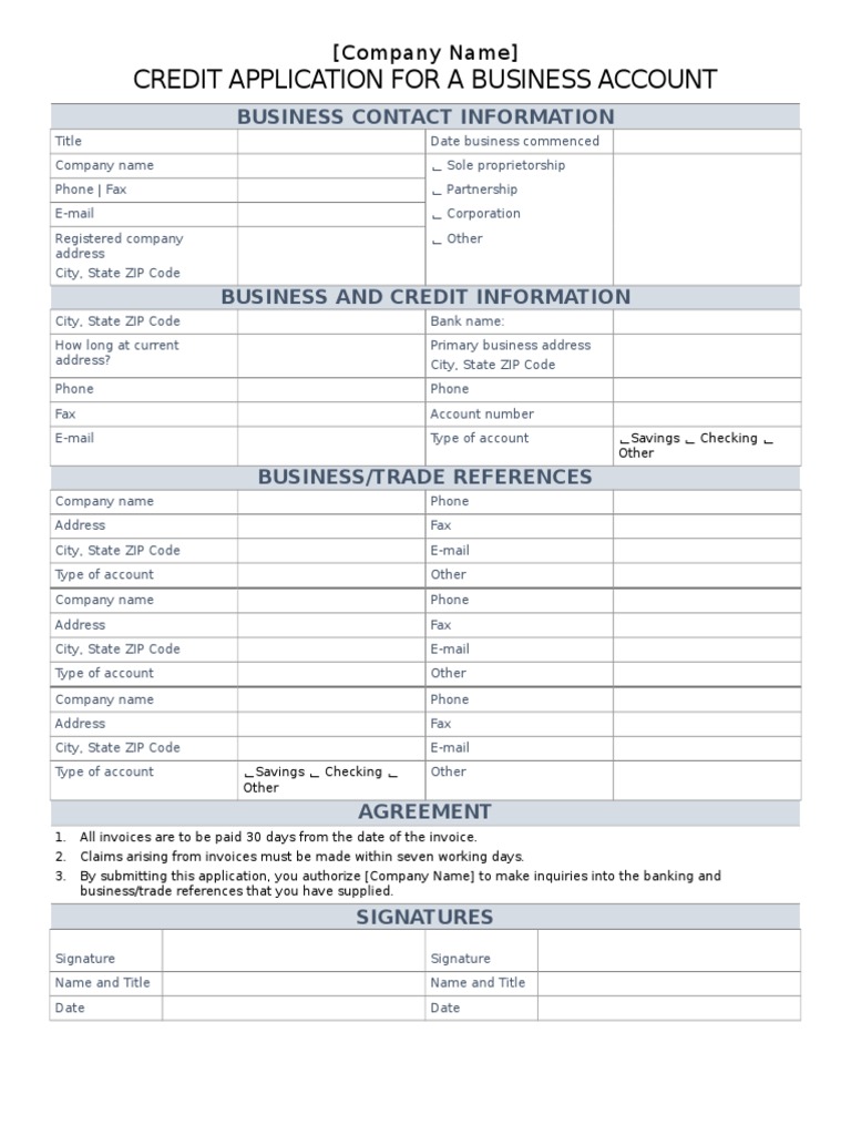 Credit Application For A Business Account | PDF