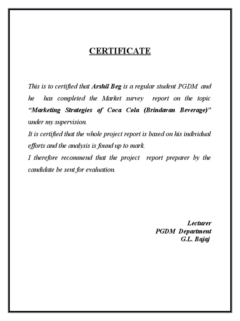 Certificate: "Marketing Strategies of Coca Cola (Brindavan Beverage ...