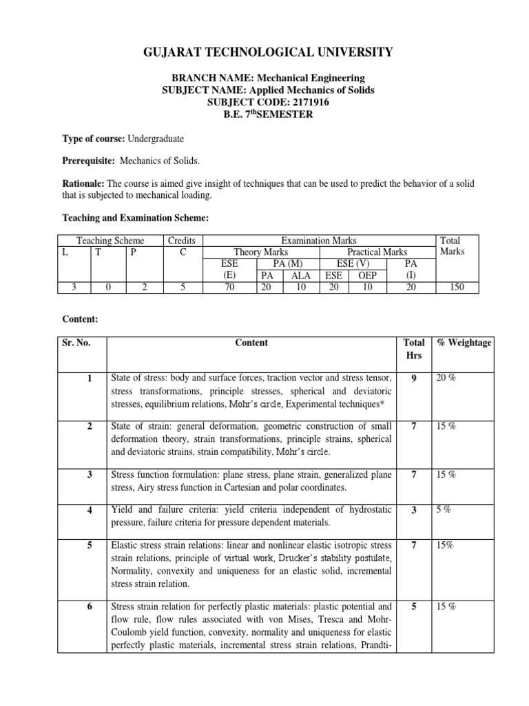 Advanced Mechanics of Solids | PDF | Stress (Mechanics) | Deformation ...