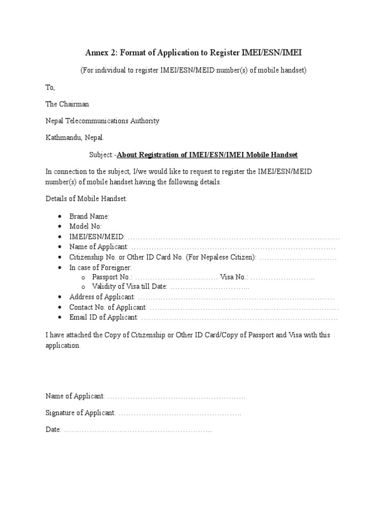 Nepal Telecom IMEI No. Registration Form | PDF