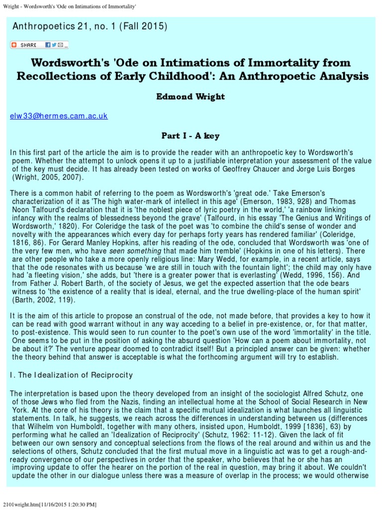 Wordsworth's 'Ode On Intimations of Immortality From Recollections of ...