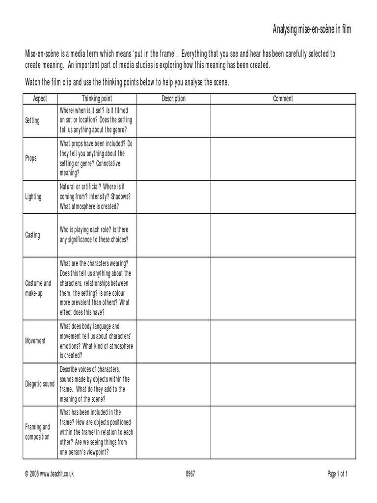 Mise en Scene Worksheet