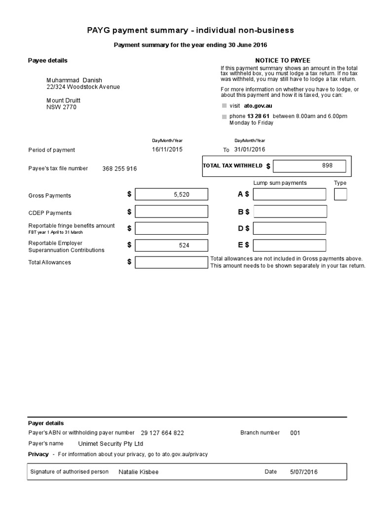 PAYG Payment Summary - Individual Non-Business: Muhammad Danish 22/324 ...