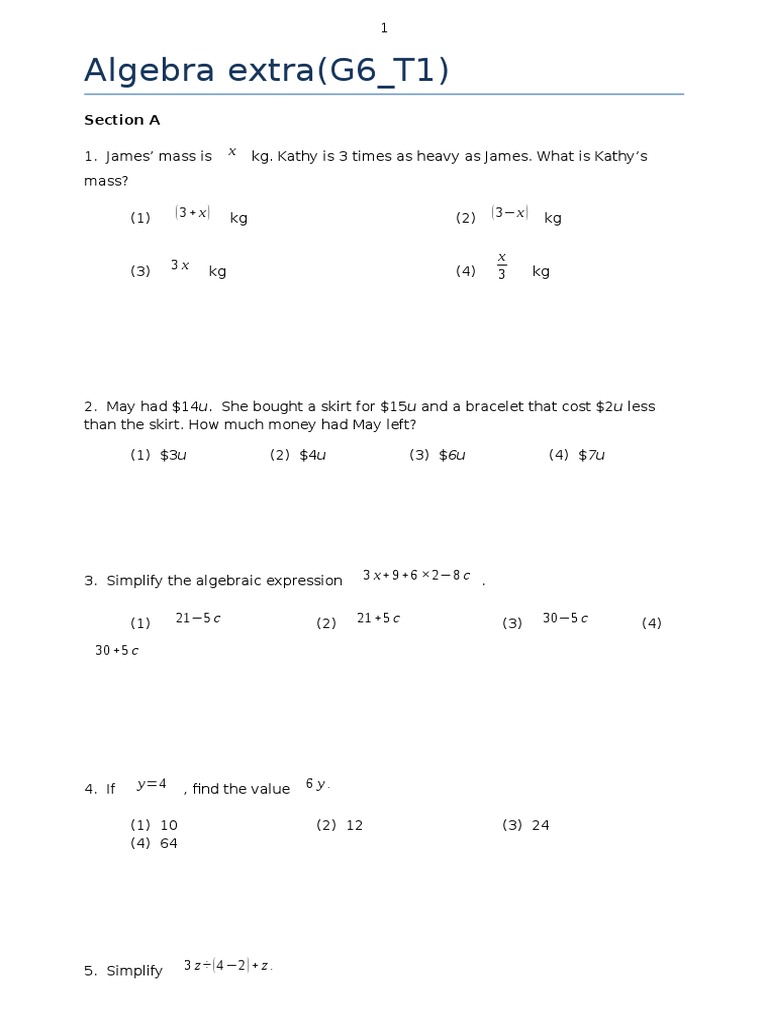 Maths Topical Test (Algebra) | PDF | Teaching Mathematics | Science
