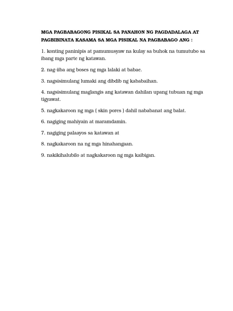 Mga Pagbabagong Pisikal Sa Panahon NG Pagdadalaga at Pagbibinata Kasama ...