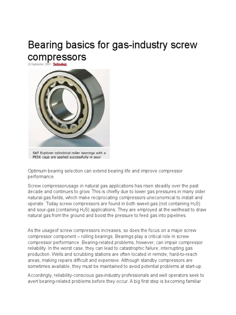 Gas Screw Compressor Bearing Basics | PDF | Bearing (Mechanical) | Gas ...